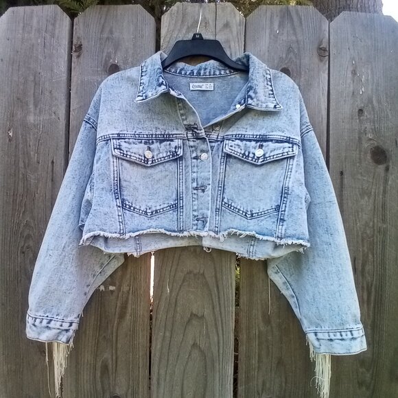 Elia Cher | Jackets & Coats | Elia Cher Fringe Denim Crop Denim Jacket ...
